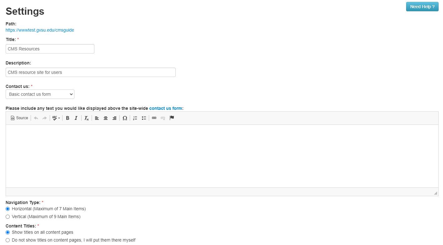 Site Settings - CMS Resource Guide - Grand Valley State University